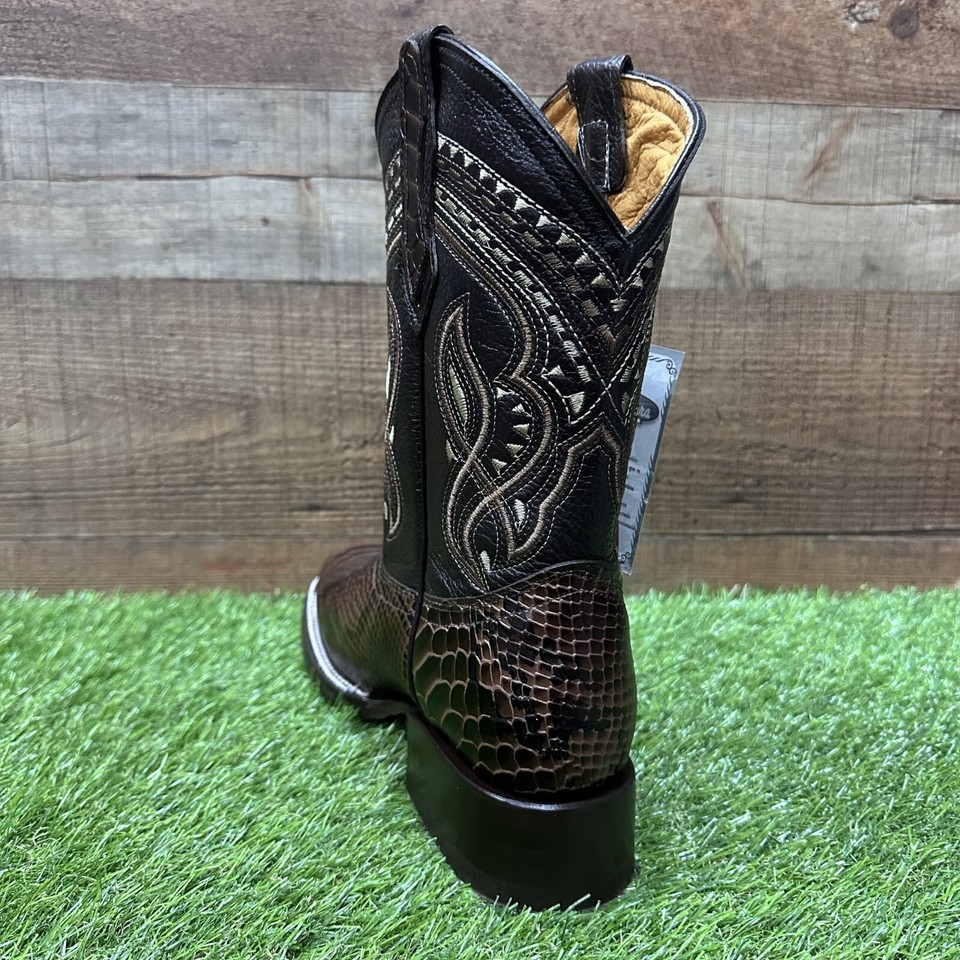Mens WESTERN COWBOY Leather PYTHON BROWN SCALE Print Square Toe Boots ...