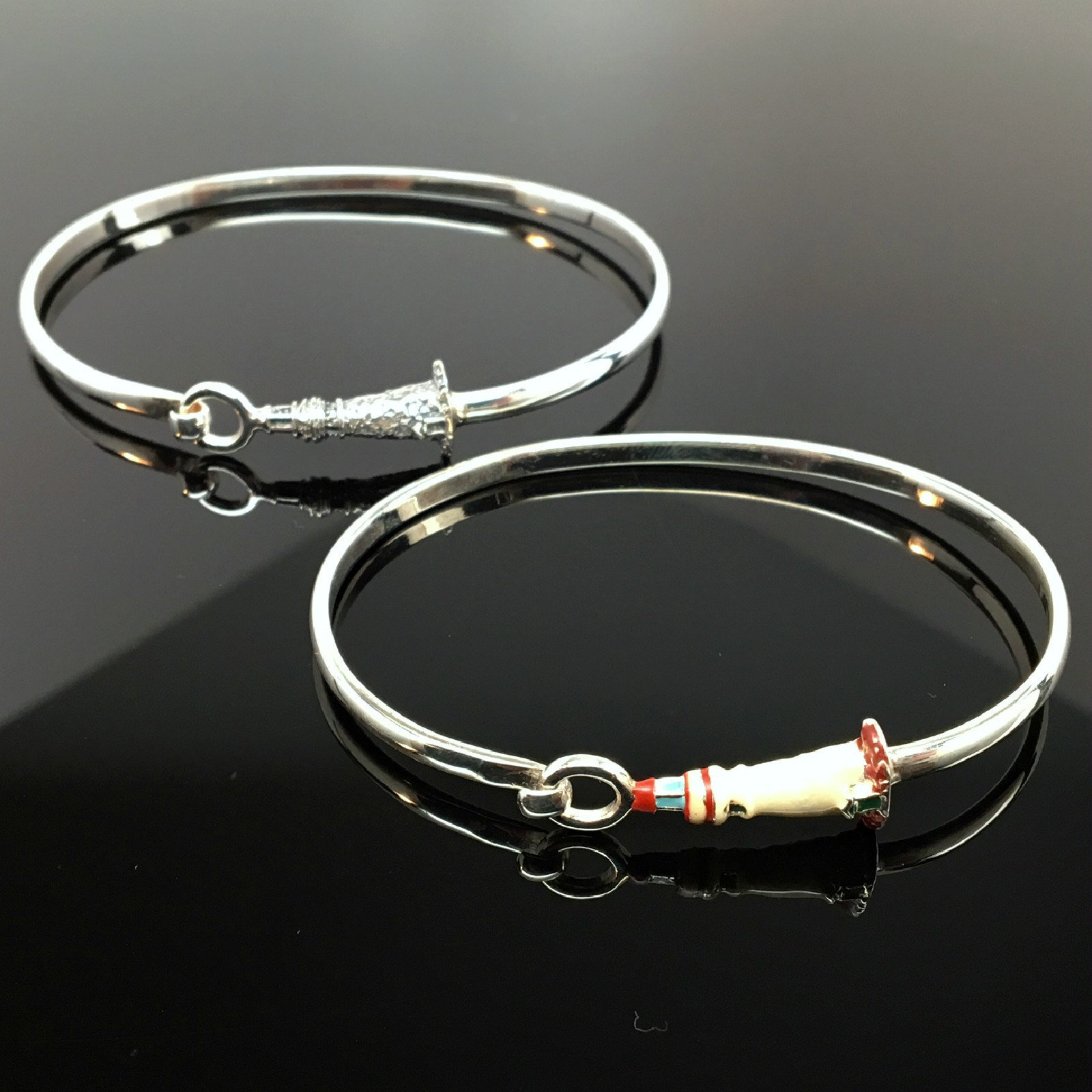 Sterling Silver LIGHTHOUSE BANGLE Hand-enameled CHARM BRACELET Maine ...