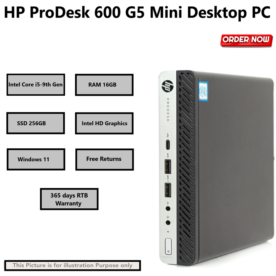 HP ProDesk 600 G5 Mini PC i5-9600T 16GB Ram 256GB SSD Support 3 Screens ...