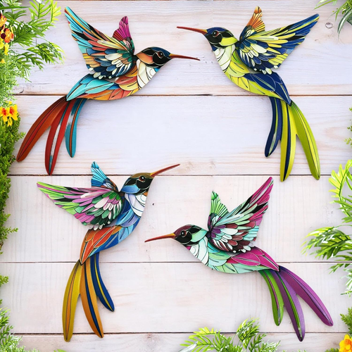 4 Pack Metal Hummingbird Wall Art Decor, 3D Colorful Birds Outdoor ...