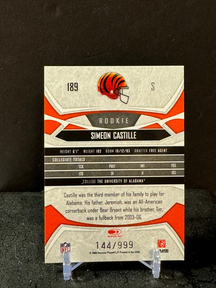 2008 Gridiron Gear Football Simeon Castille Rookie RC Card #189 #144/ ...