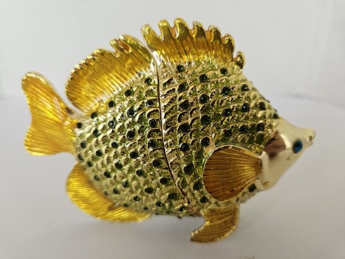 GREEN ENAMELED FISH TRINKET BOX AND RHINESTONES with MAGNETIC CLOSURE ...