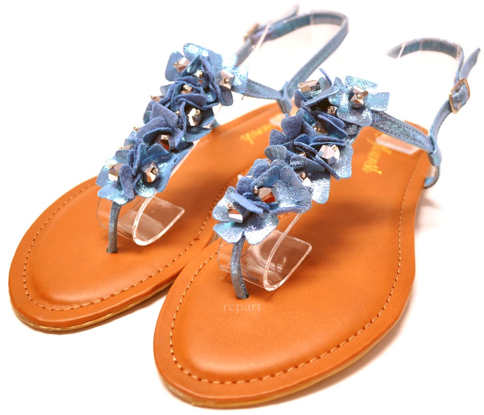 New women's shoes sandals t strap open toe flower detail turquoise blue ...
