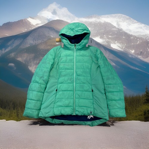 Spyder Womens L Puffer Jacket Hooded Full Zip Mint Green Ski Cabin ...