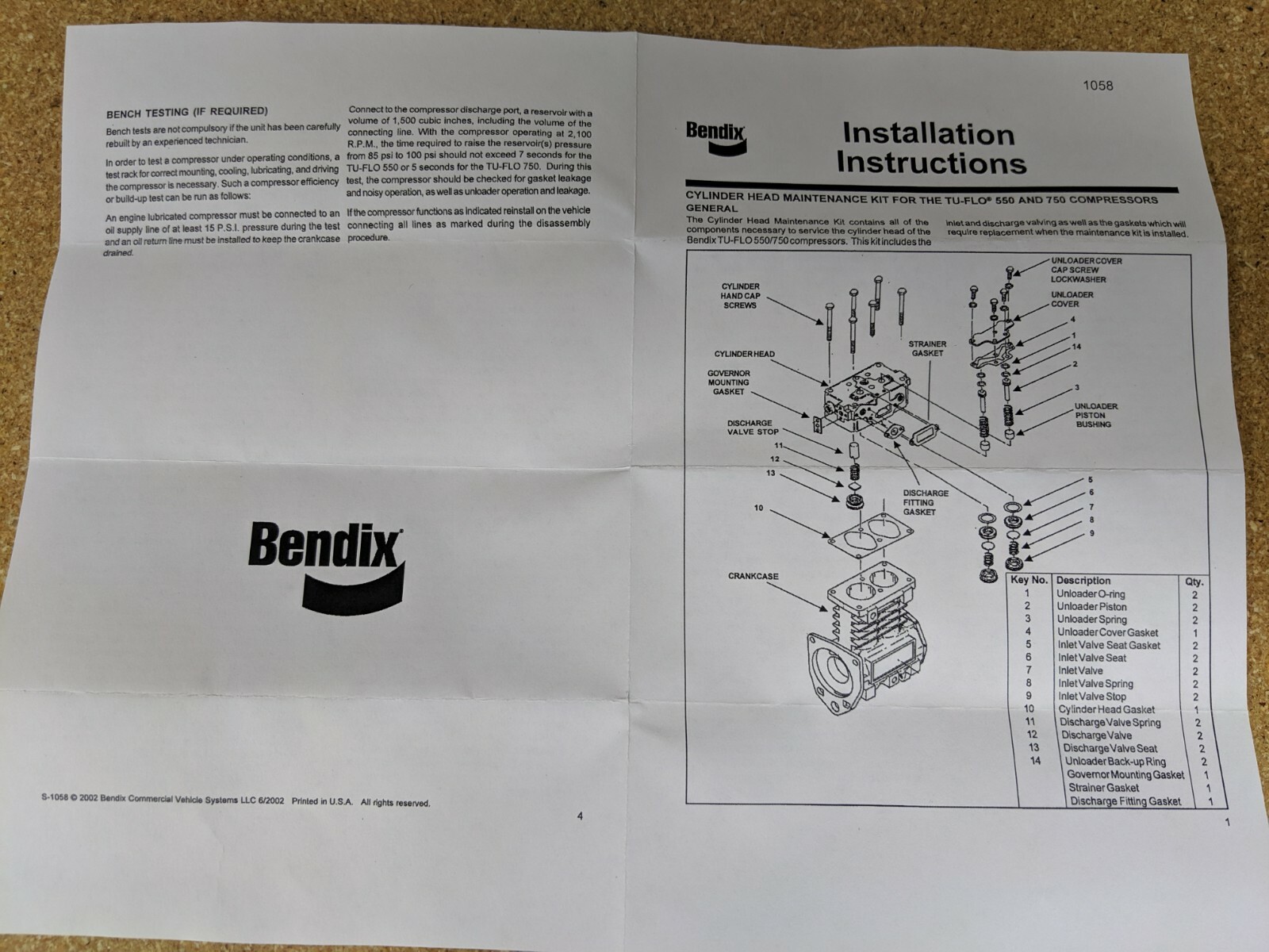 Bendix TuFlo 550 750 Air Compressor Cylinder Head Kit. PAI# DKT-1097 ...
