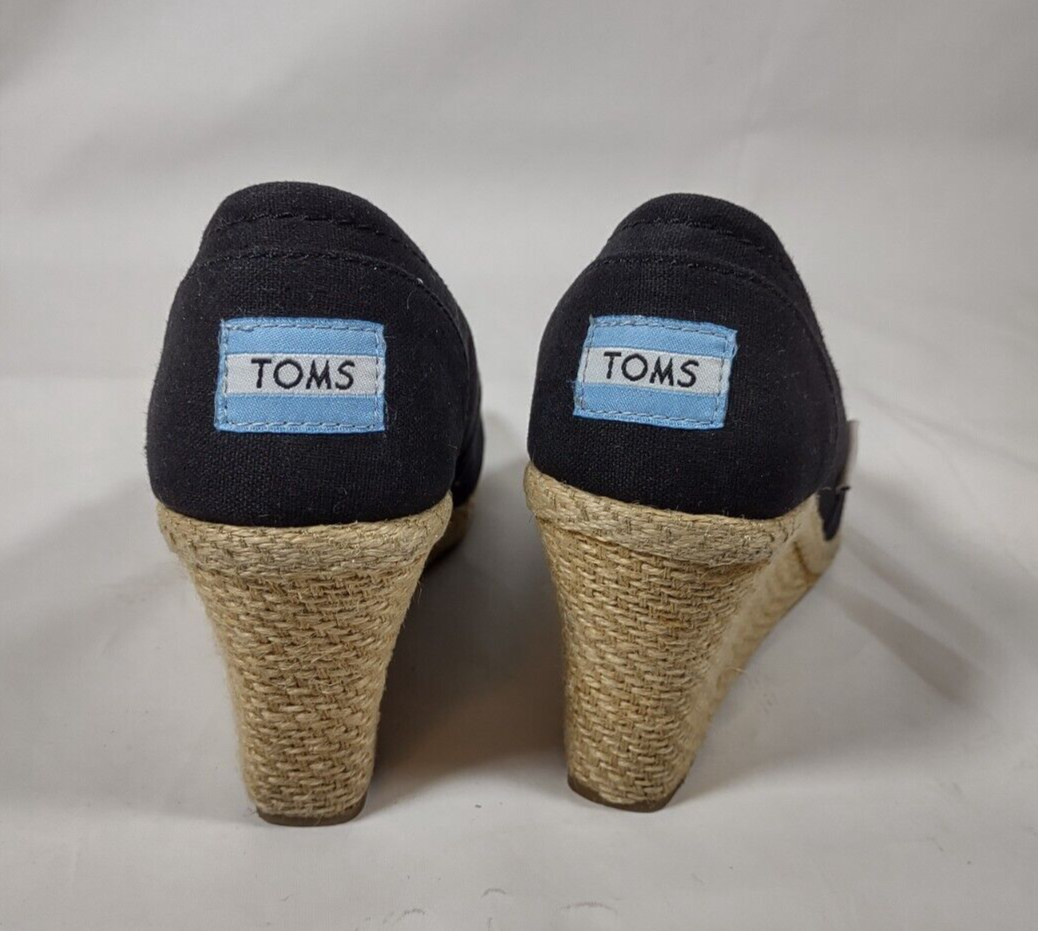 Toms Black Espadrille Wedge Heels Shoes Women's Size 8 Slip On Peep Toe ...
