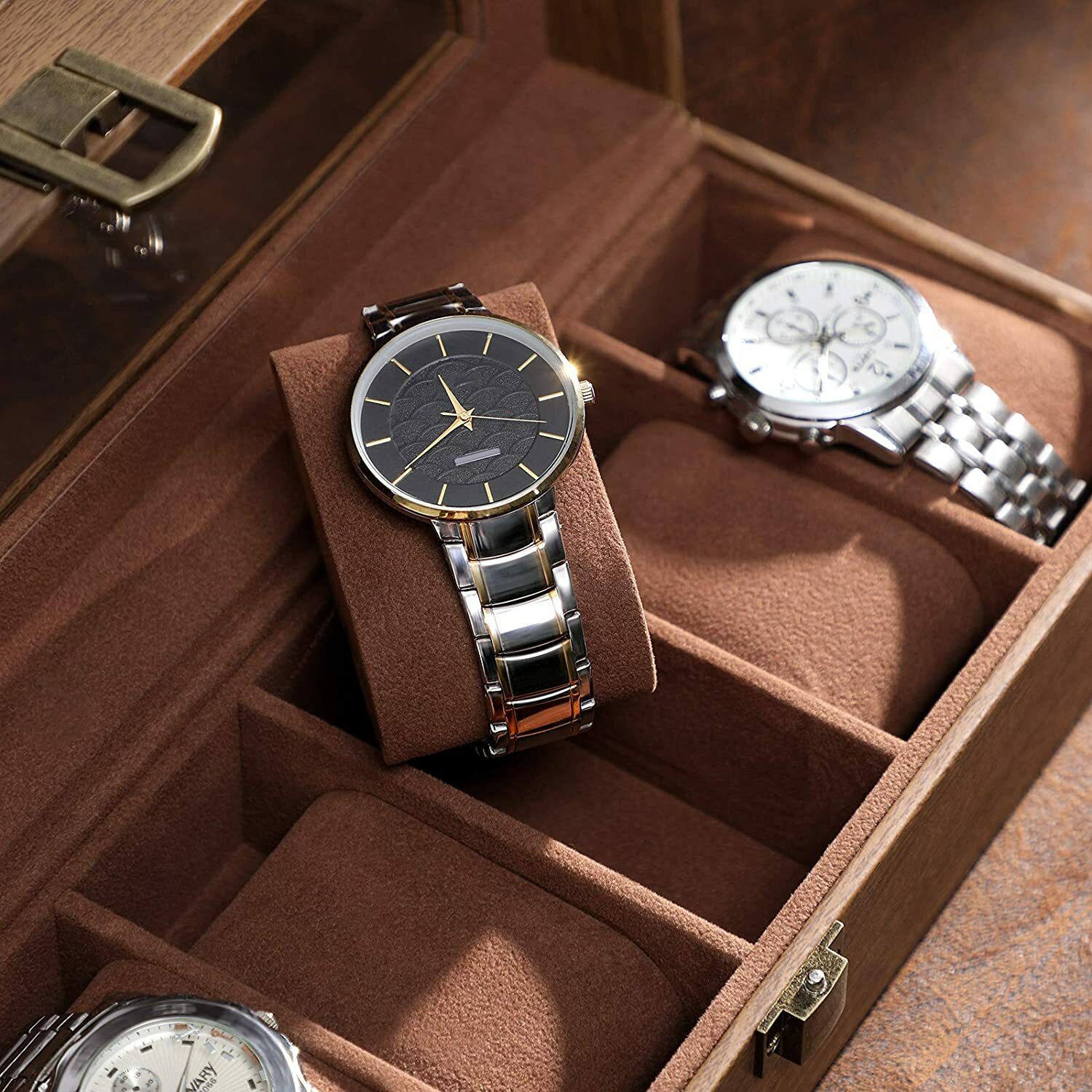 6-Slot Watch Box, Glass Topped Watch Display Case, Wood-Grain Brown | eBay
