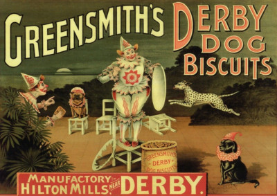 DALMATIAN & PUG CIRCUS DOGS CLOWNS DERBY DOG BISCUITS ADVERT NOTE CARD ...