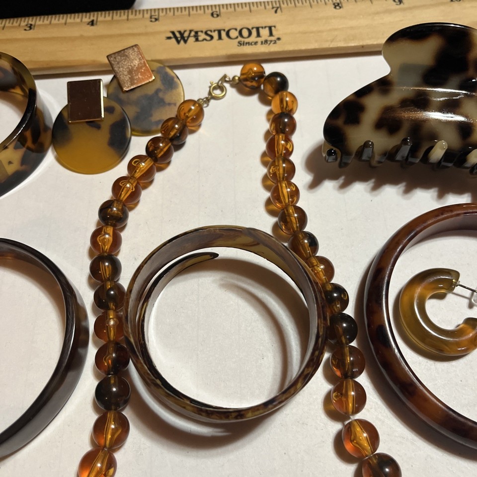 Vtg Faux Tortoise Shell Jewelry Lot 13 Pieces. Bracelets, Necklace ...