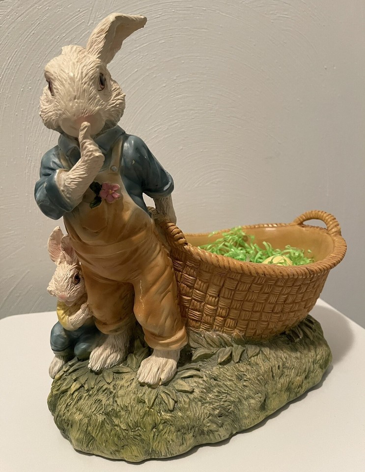 Vintage Chrisdon Bunny Rabbit w/Child & Basket Resin Figurine RARE Shhh ...