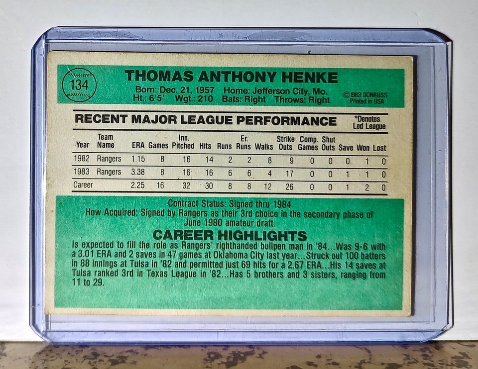 Tom Henke 1984 Donruss MLB #134 Baseball Card Texas Rangers | eBay