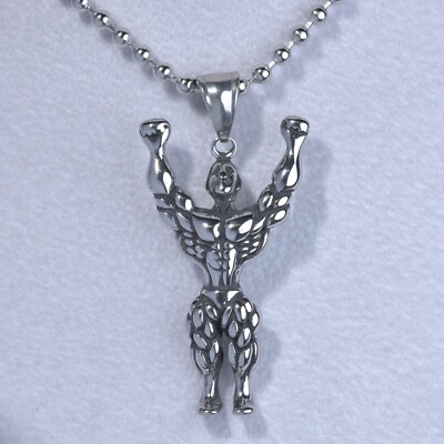 Silver bodybuilder muscle boy pose pendant stainless steel chain ...