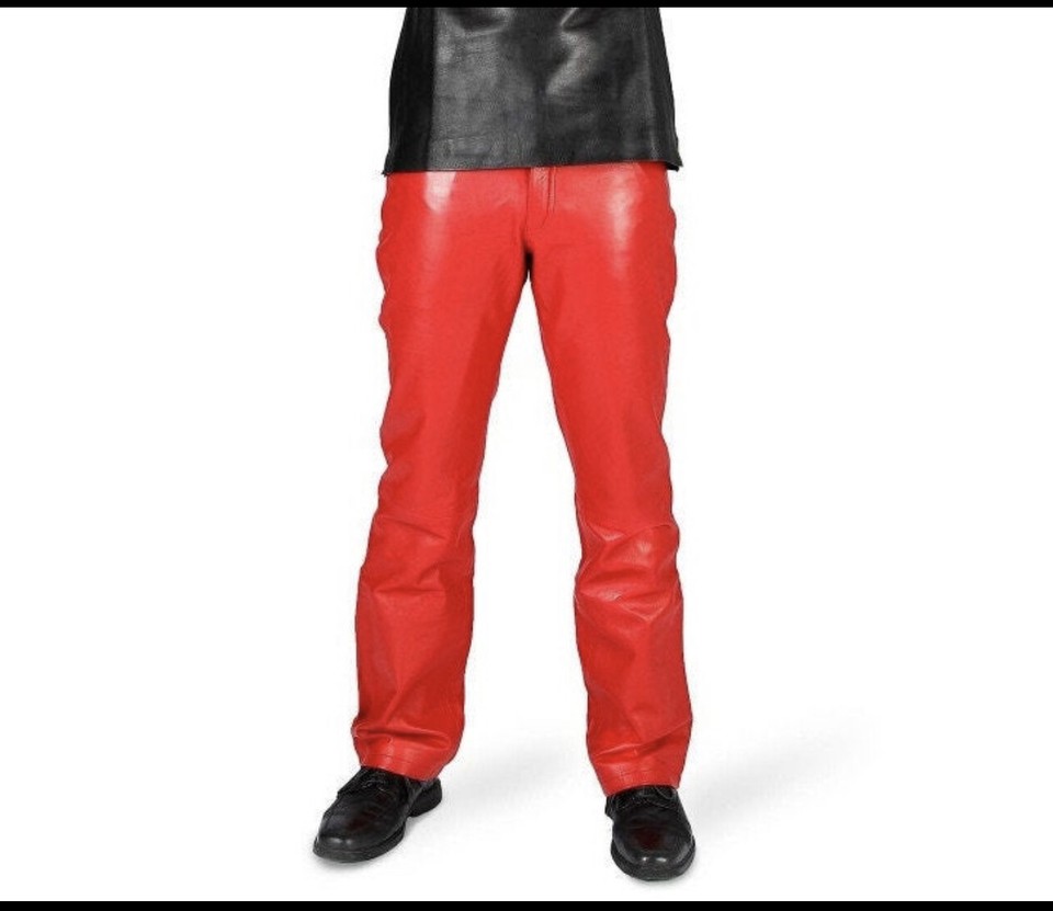 Men's Motorbike Cowhide Leather Pant 5 Pockets Red Leather Pant 28 ...