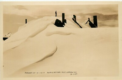 RPPC; Paradise Inn Covered in Snow, Rainier National Park WA Skier on ...