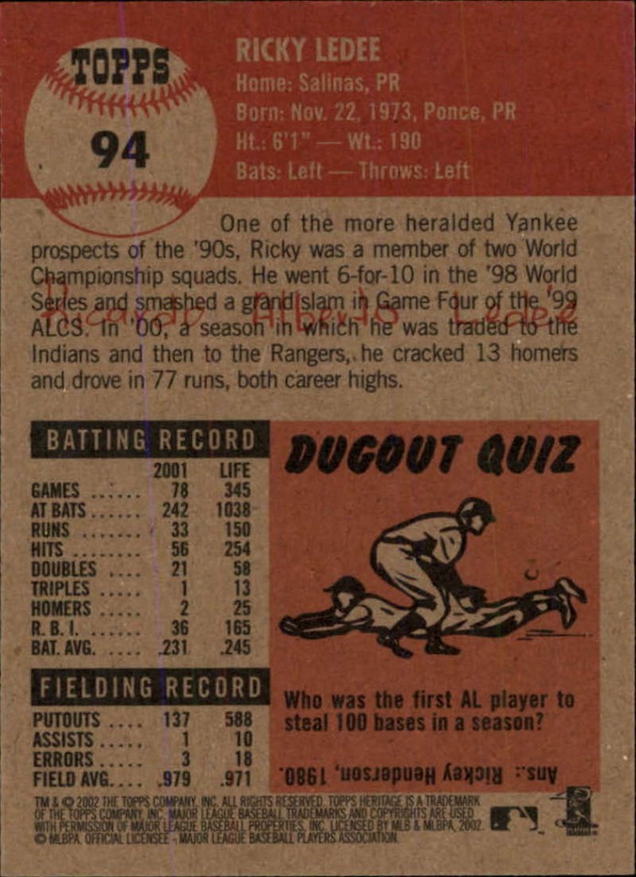 2002 Topps Heritage #94 Ricky Ledee Rangers NM-MT | eBay