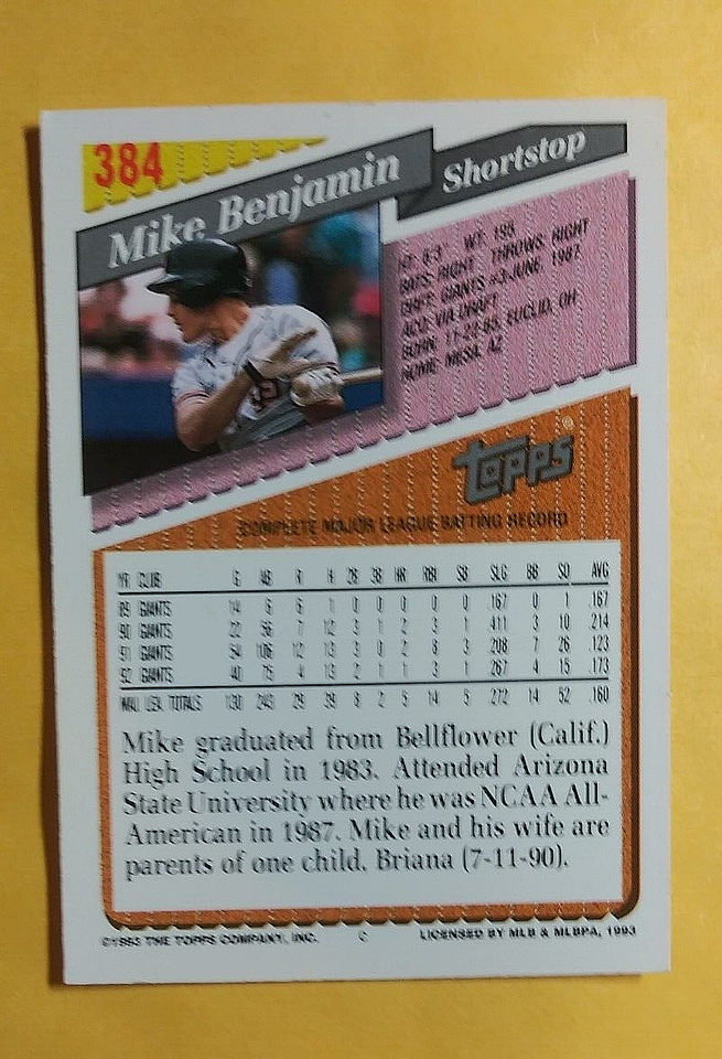 1993 Topps Baseball Card Mike Benjamin San Francisco Giants #384 | eBay