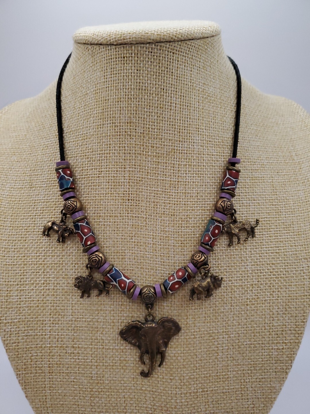 Antique Gold Tone Safari Animal Clay Bead Rope Neckla… - Gem