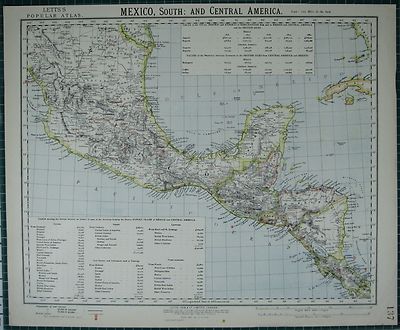 1883 LETTS MAP ~ SOUTH MEXICO ~ CENTRAL AMERICA GUATEMALA HONDURAS ...