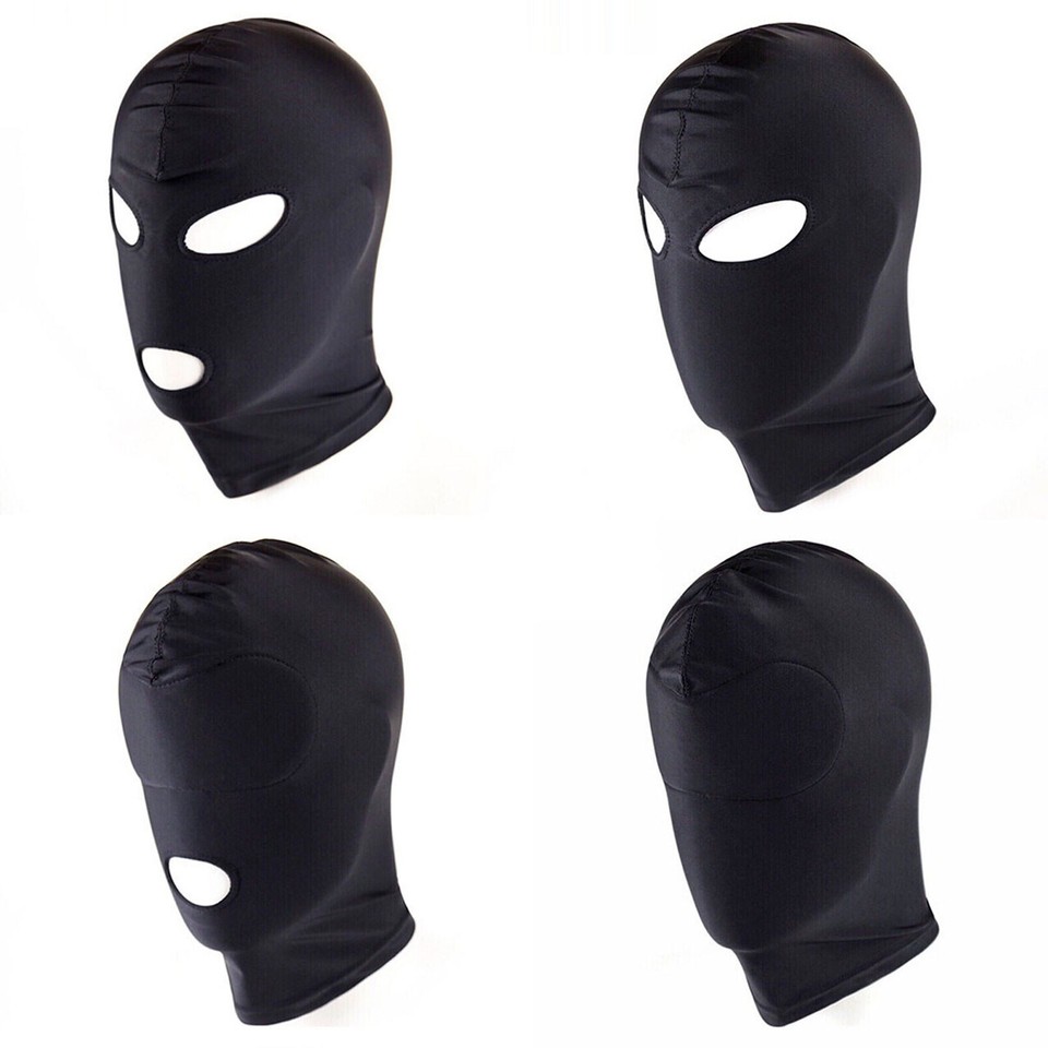 Black Bondage Full Hood Head Face Mask Open Eye Mouth Role Play Spandex ...