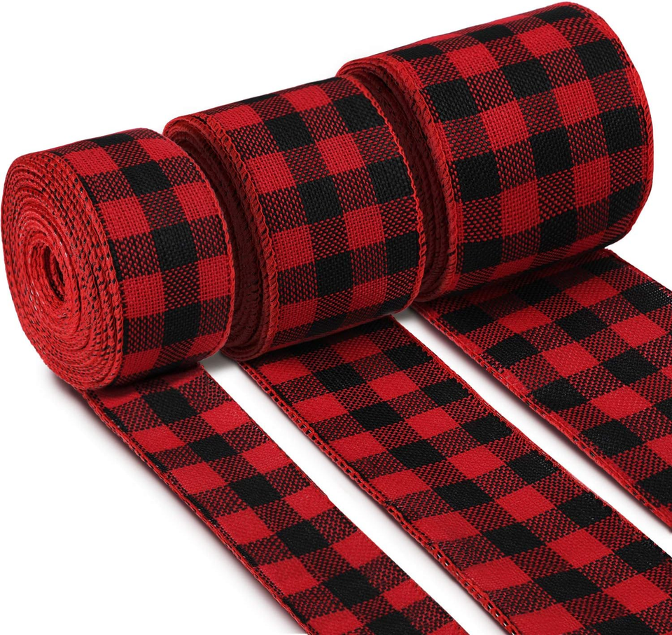 3 Rolls Buffalo Plaid Burlap Wired Ribbon Weave Ribbon with Wired Edge ...