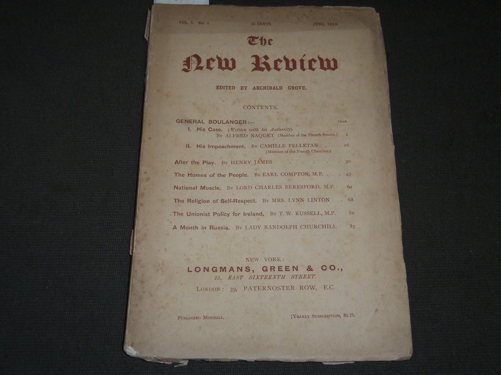 1889 JUNE THE NEW REVIEW MAGAZINE VOLUME 1 NO. 1 EDITED BY A. GROVE - J ...
