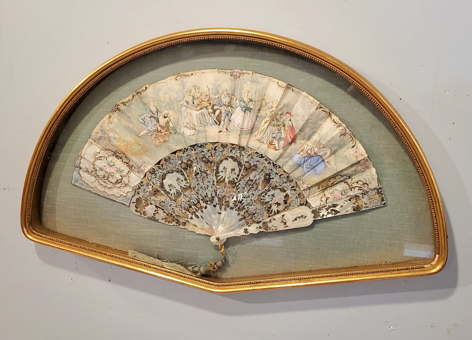 Antique French Hand Fan, frammed, MOP, hand painted, … - Gem