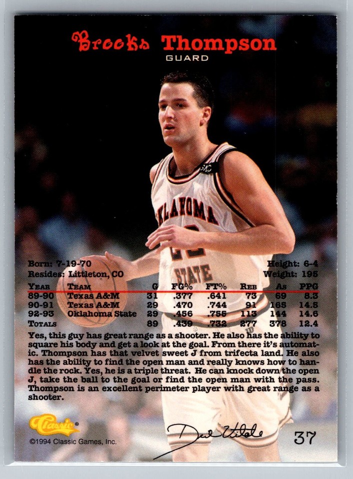 Brooks Thompson 1994 Classic Draft Set Break #37 Oklahoma State Cowboys ...
