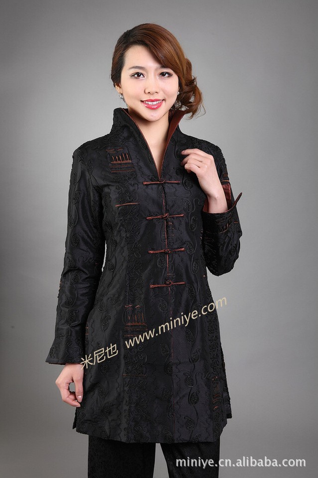 Chinese Traditional Long Jacket Women Silk Coat Lady Windbreaker Size M ...