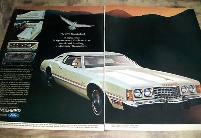 1973 73 Ford T-Bird mid-size mag 2-page car ad- "Distinctly Thunderbird ...