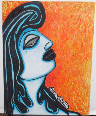ELMER SANDERS ABSTRACT GOTHIC WOMAN FACE ORIGINAL COLOR CRAYON PAINTING ...