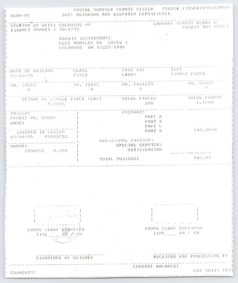 Columbus OH 1995 Permit 2363 Postal Card + USPS Forms 3600-PC & 3607 ...