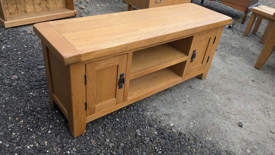 Solid light oak narrow TV Unit with cupboards and shelves UE100325C ...