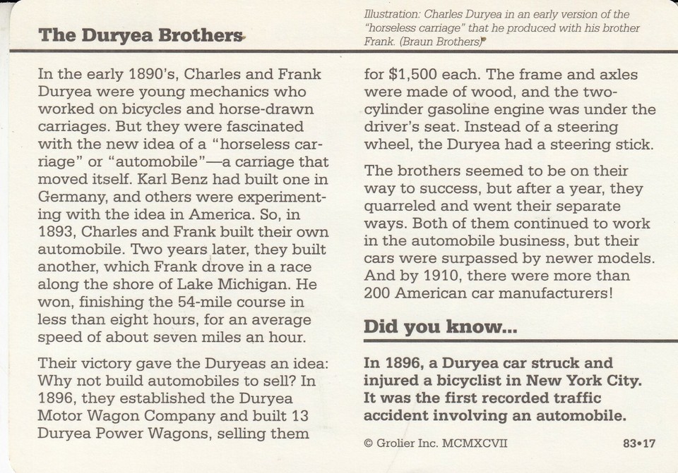 VINTAGE AD CARD - THE DURYEA BROTHERS _ GROLIER | eBay