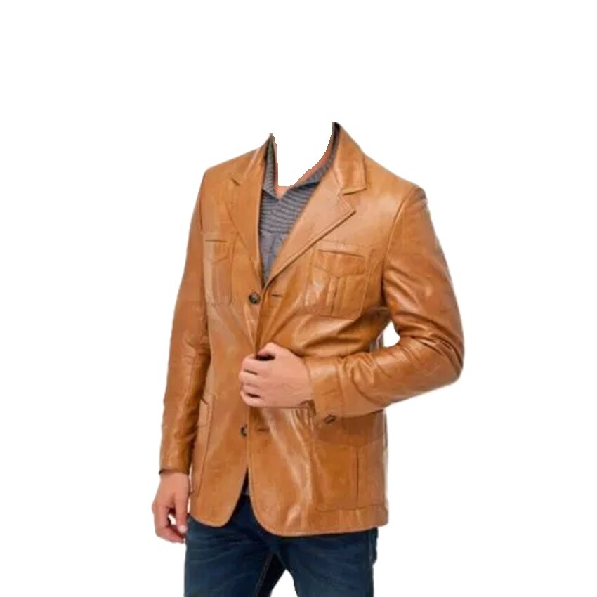 Men's Genuine Lambskin Leather Blazer Tan Brown Vintage Three Button Jacket Coat | eBay