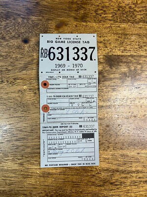 Vintage 1969 1970 NYS Hunting License Matching Back Tag Bear Deer Doe ...