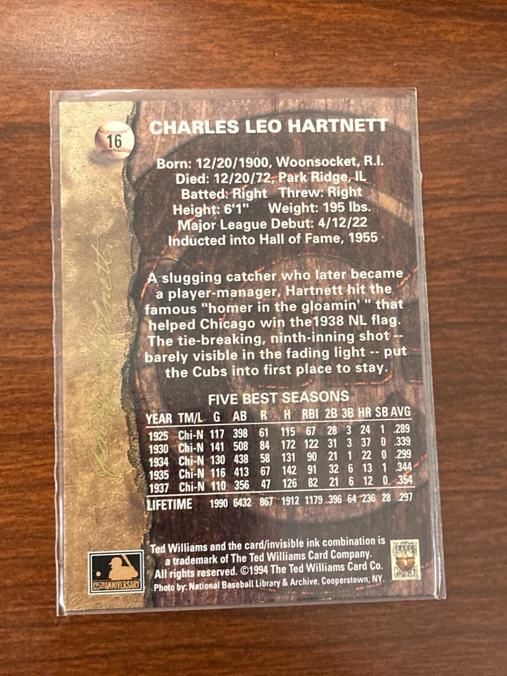 CHARLES HARTNETT 1994 TED WILLIAMS CARD CO CHICAGO CUBS CARD #16 | eBay