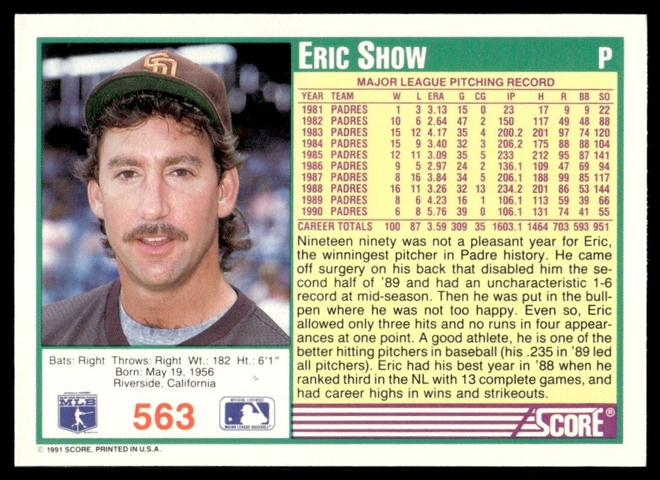 1991 Score Baseball Card Eric Show San Diego Padres #563 | eBay