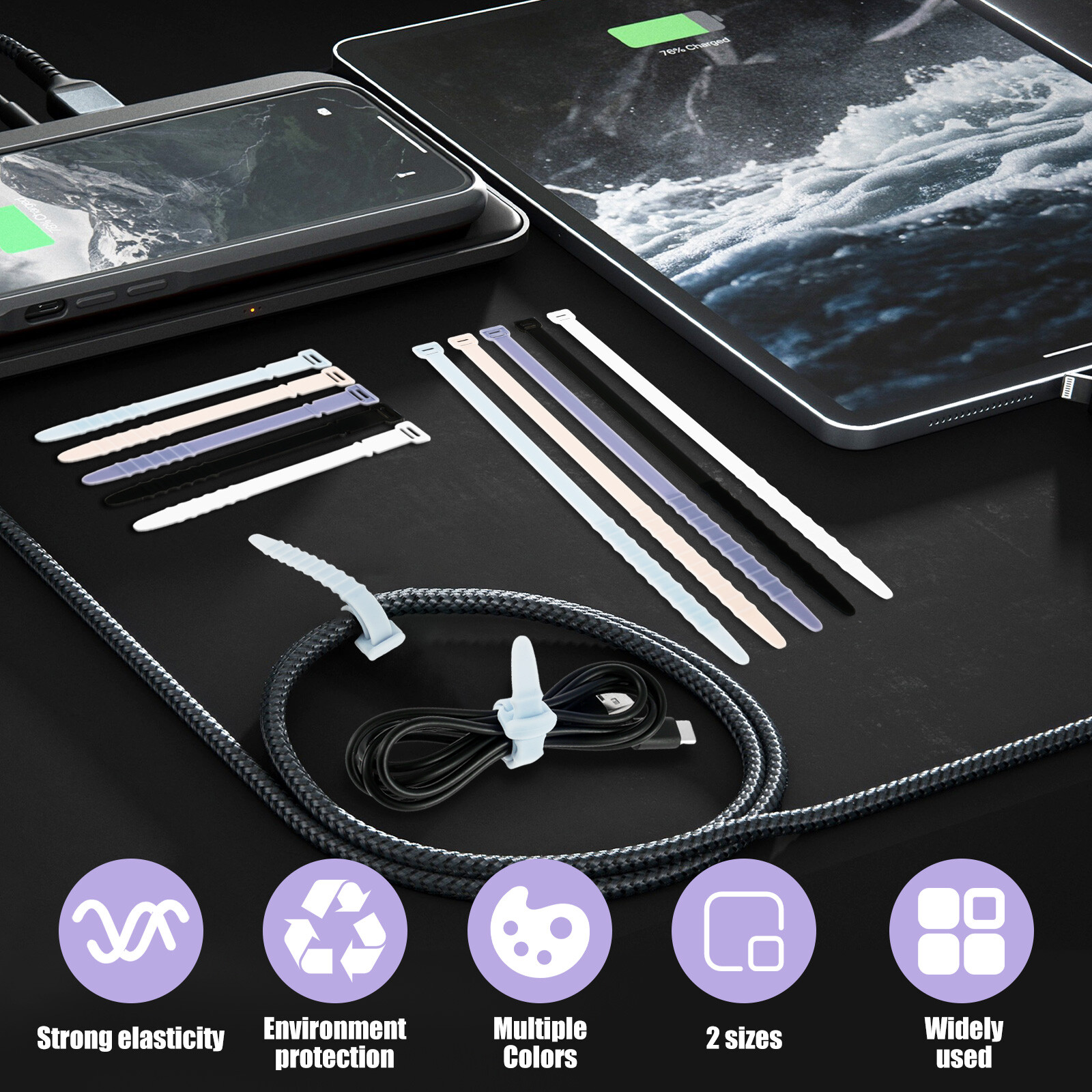 20Pcs Silicone Cable Ties Colorful Portable Cable Straps Multipurpose ...