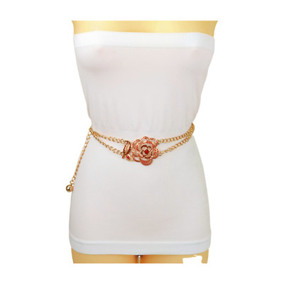Women Gold Metal Chain Prom Dance Club Belt Red Orange Flower Charm ...