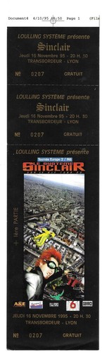 RARE / TICKET BILLET DE CONCERT - SINCLAIR : LIVE A LYON ( FRANCE ...