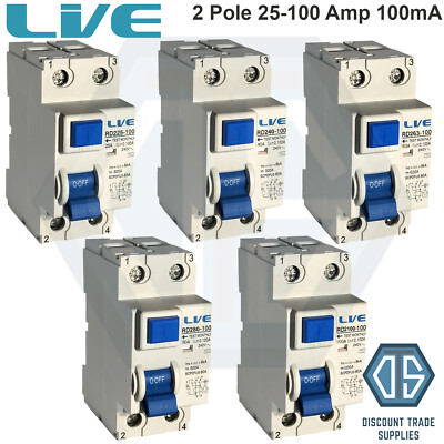 Live 2 Pole RCD 25 Amp 40 Amp 63 Amp 80 Amp 100 Amp 100mA RCD Double ...