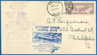 5/14/32 Special Mail Dispatch by Goodyear Airship, Wooster Centennial ...