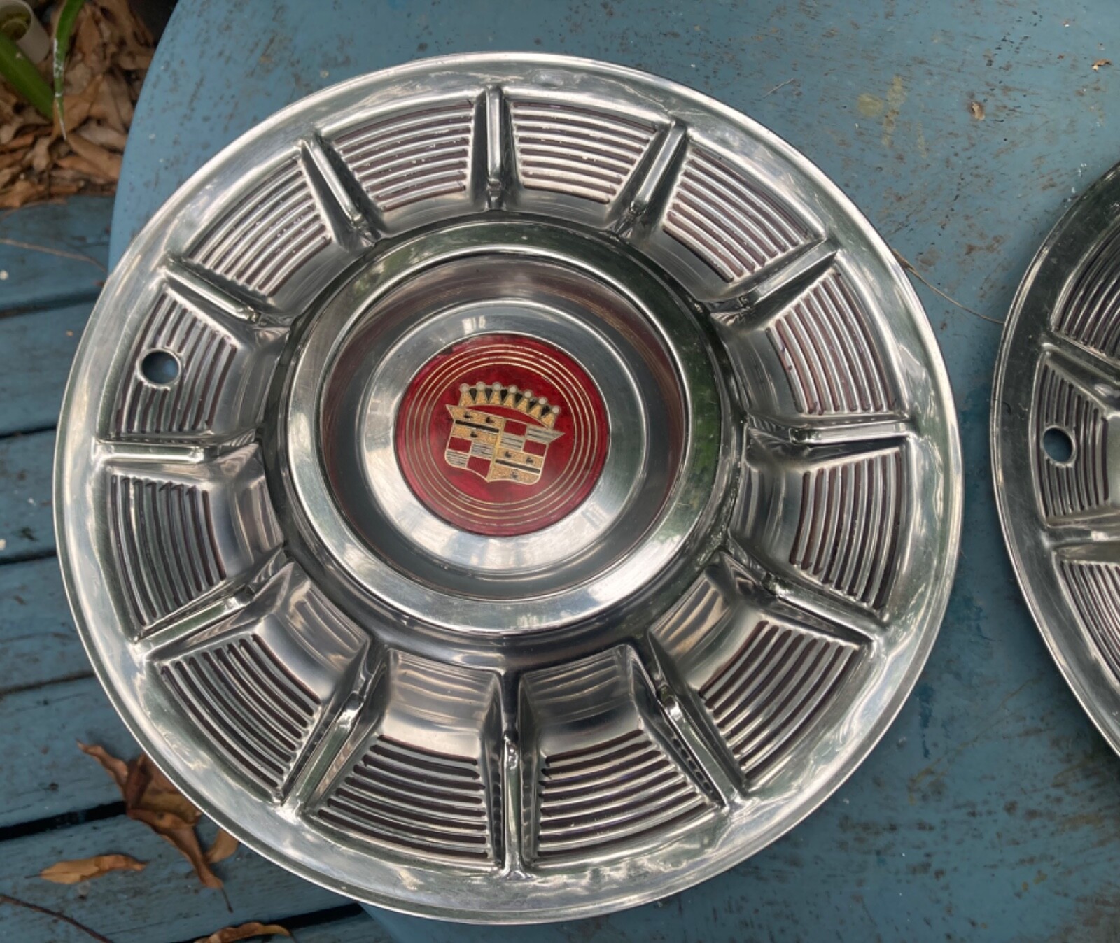 TWO 1957 Cadillac Hubcaps OEM, with repainted Center emblems, HOT ROD ...