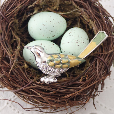 VINTAGE 1980'S PAVE RHINESTONE ENAMEL SILVER PLATED SONG BIRD PIN ...