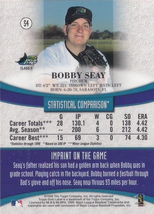 BOBBY SEAY 1999 Topps Gold Label Class 2 RC Card Tampa Bay Devil Rays ...