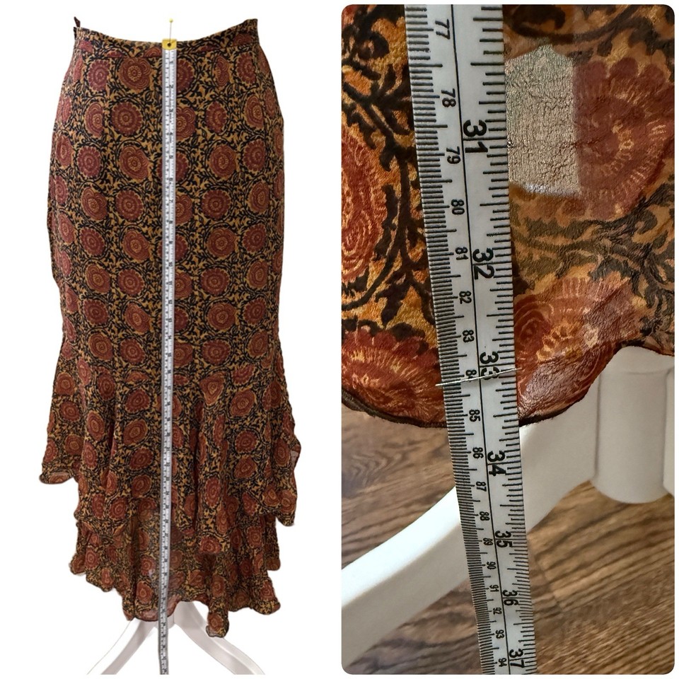 Vintage PERUVIAN CONNECTION Maxi Skirt Size 6 Floral Silk Ruffle Boho ...