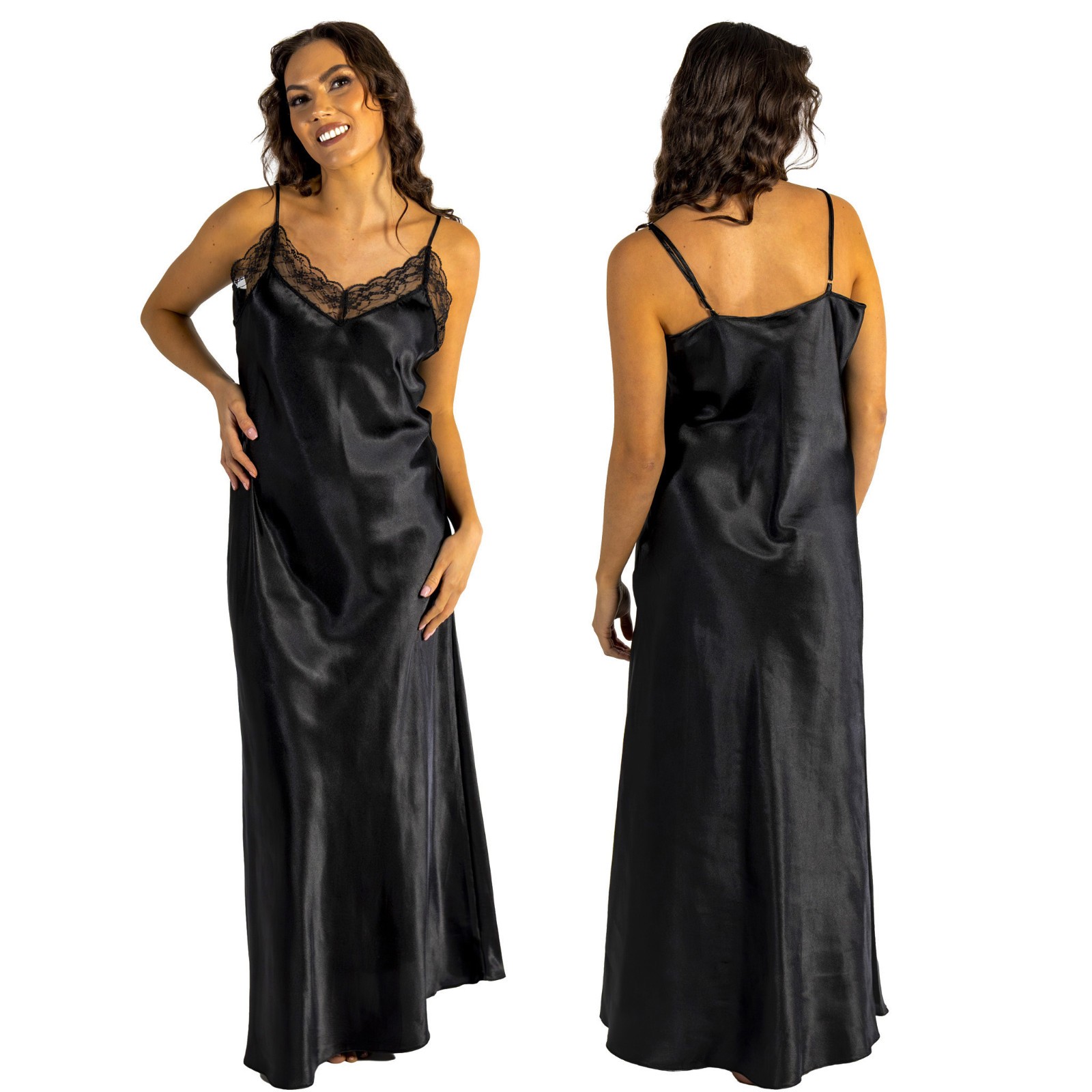 Long Full Length Black Sexy Silky Satin Lace Chemise Nightie Negligee ...