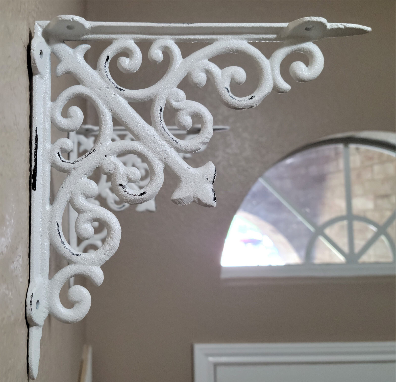2 Distressed White Scroll Metal Work Bracket Antique Style Shelving ...