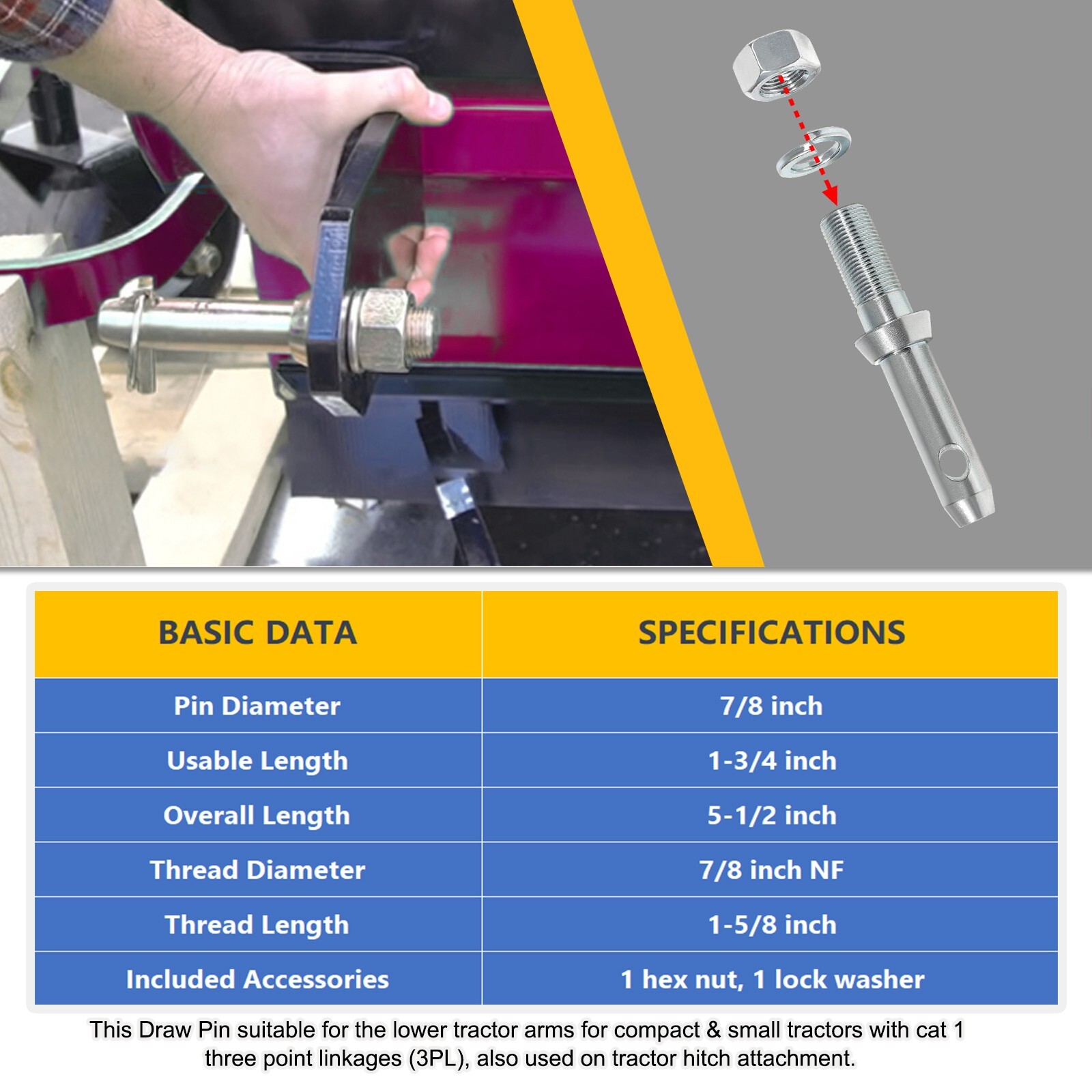 S07020800 Cat 1 Draw Pin Hitch Accessories for Tractors 5-1/2-Inch, 3 ...