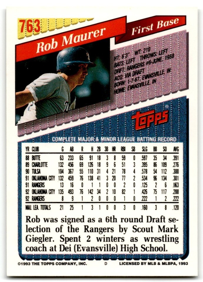 1993 Topps Gold Rob Maurer Texas Rangers #763 | eBay